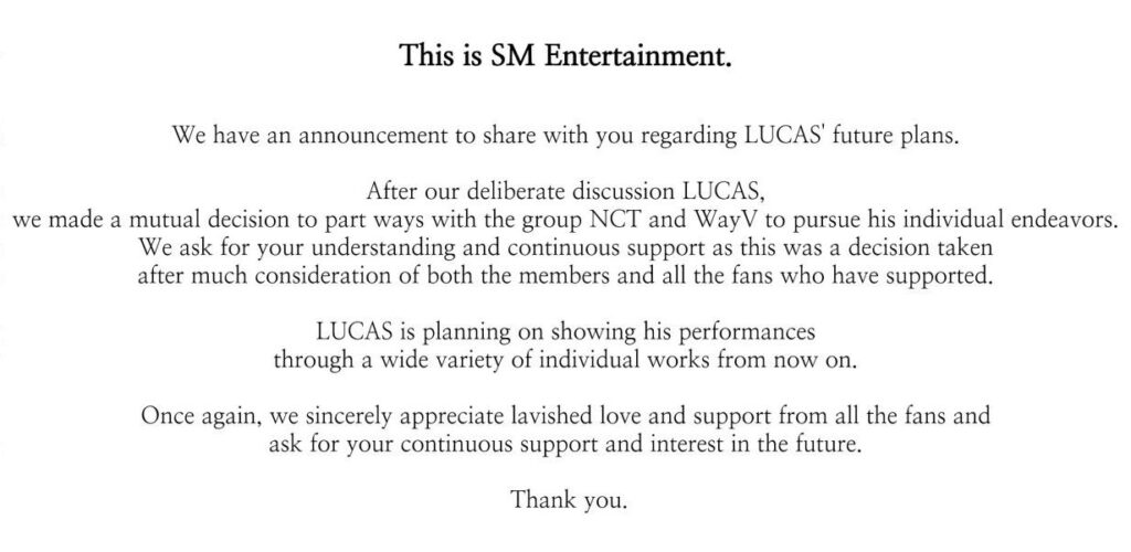 NCT's Lucas officially leaves NCT, WayV, and all its subunits