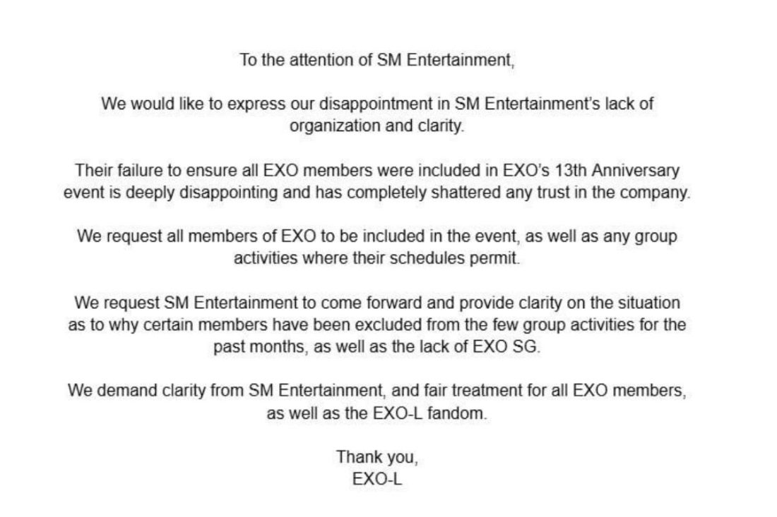 EXO’s fans demand all nine members to be included in EXO’s 13th ...